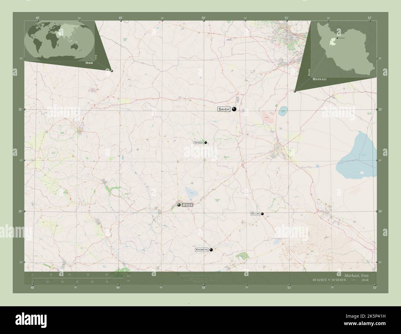Markazi, province of Iran. Open Street Map. Locations and names of ...