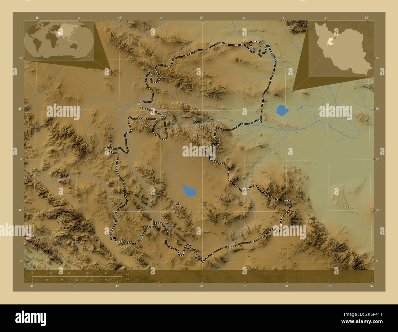 Markazi, province of Iran. Colored elevation map with lakes and rivers ...
