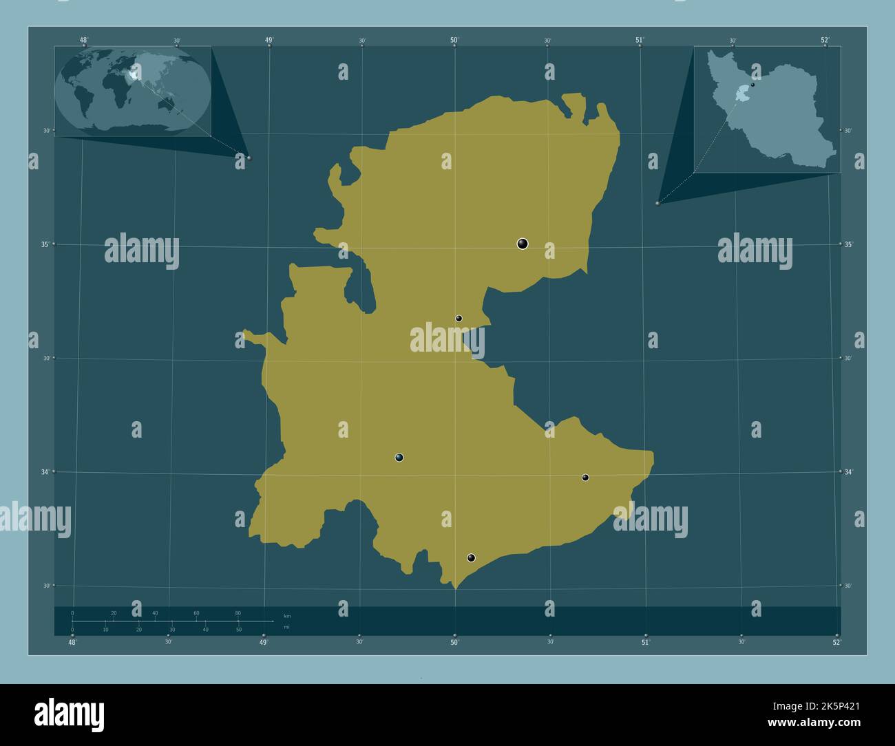 Markazi, province of Iran. Solid color shape. Locations of major cities ...