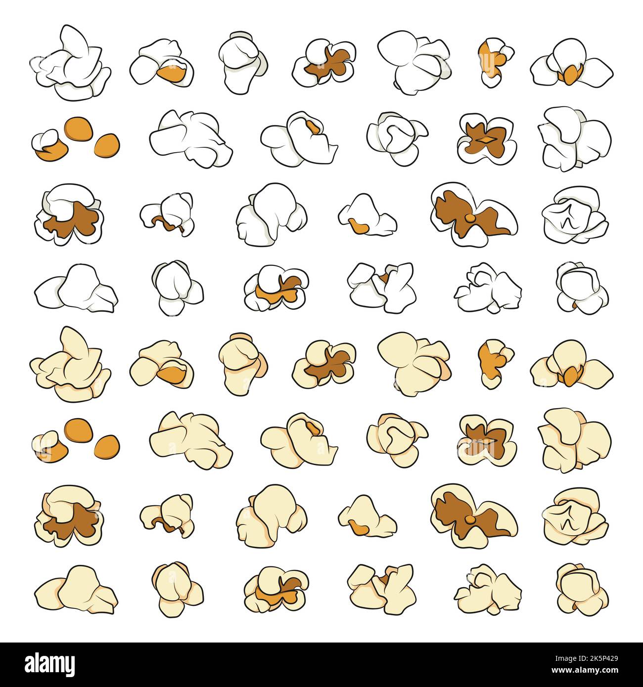 Set of color illustrations with popcorn grains. Isolated vector objects ...