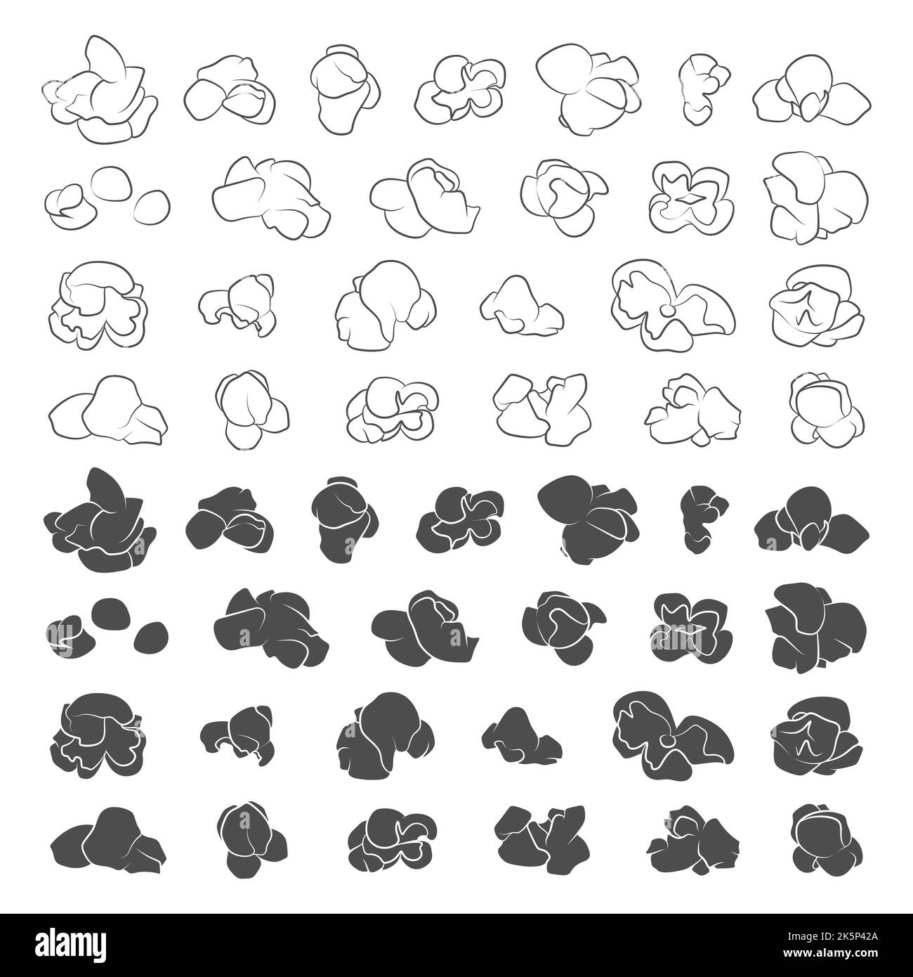 Set of black and white illustrations with popcorn grains. Isolated ...