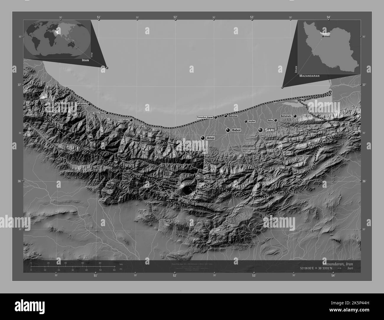 Mazandaran, province of Iran. Bilevel elevation map with lakes and ...