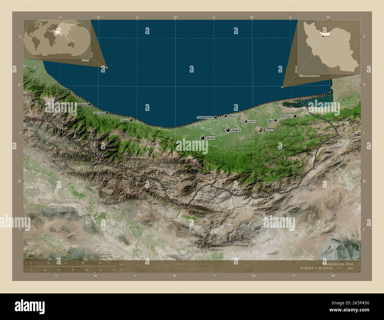 Mazandaran, province of Iran. High resolution satellite map. Locations ...