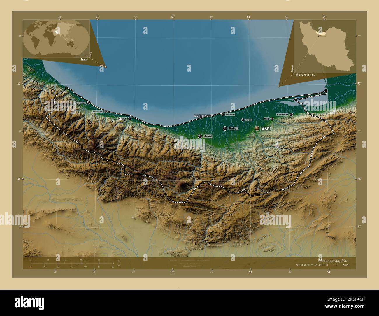 Mazandaran, province of Iran. Colored elevation map with lakes and ...