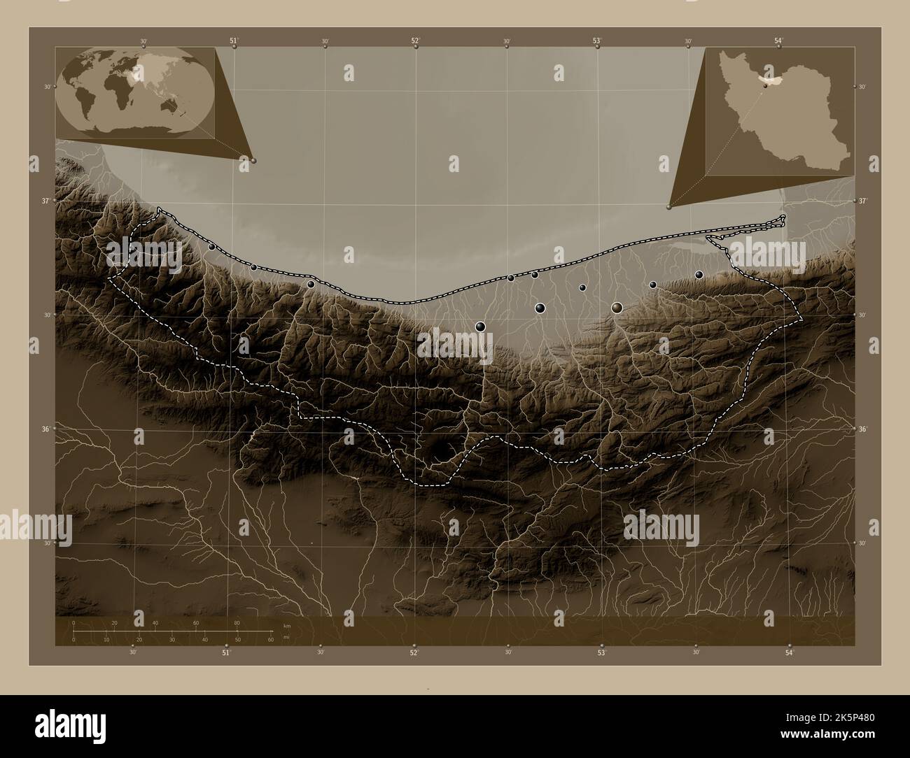 Mazandaran, province of Iran. Elevation map colored in sepia tones with ...