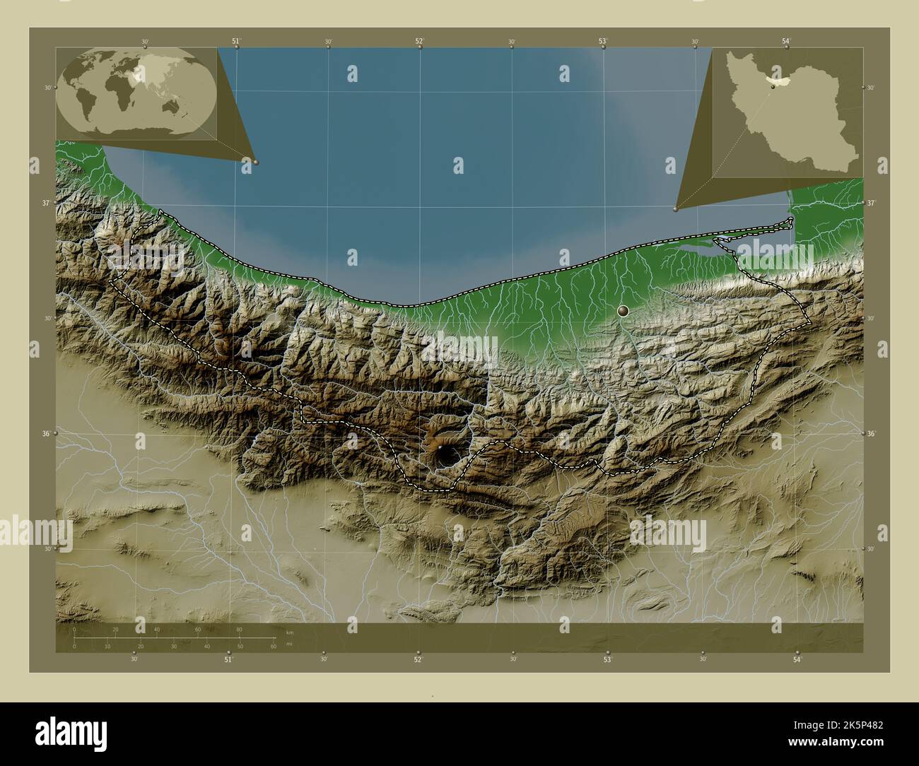 Mazandaran, province of Iran. Elevation map colored in wiki style with ...
