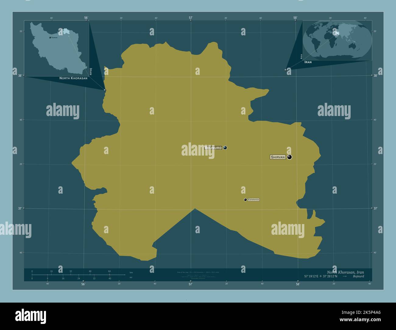 North Khorasan, province of Iran. Solid color shape. Locations and ...