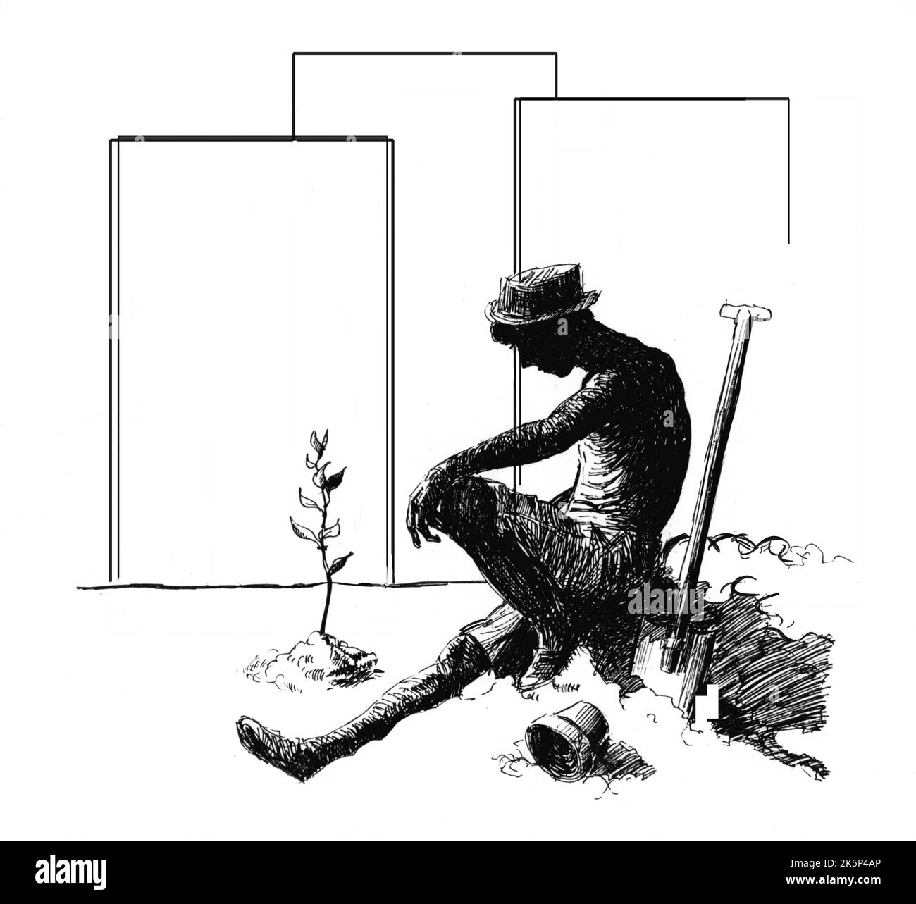 The man planted the plant, now looks at it thoughtfully, with the urban ...