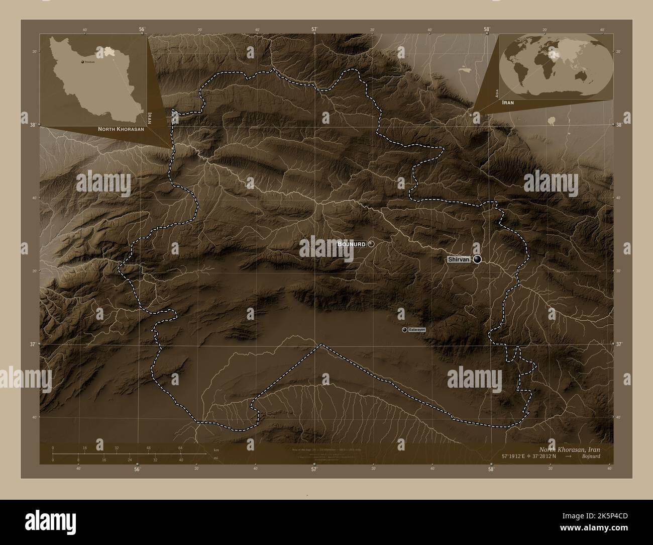 North Khorasan, province of Iran. Elevation map colored in sepia tones ...