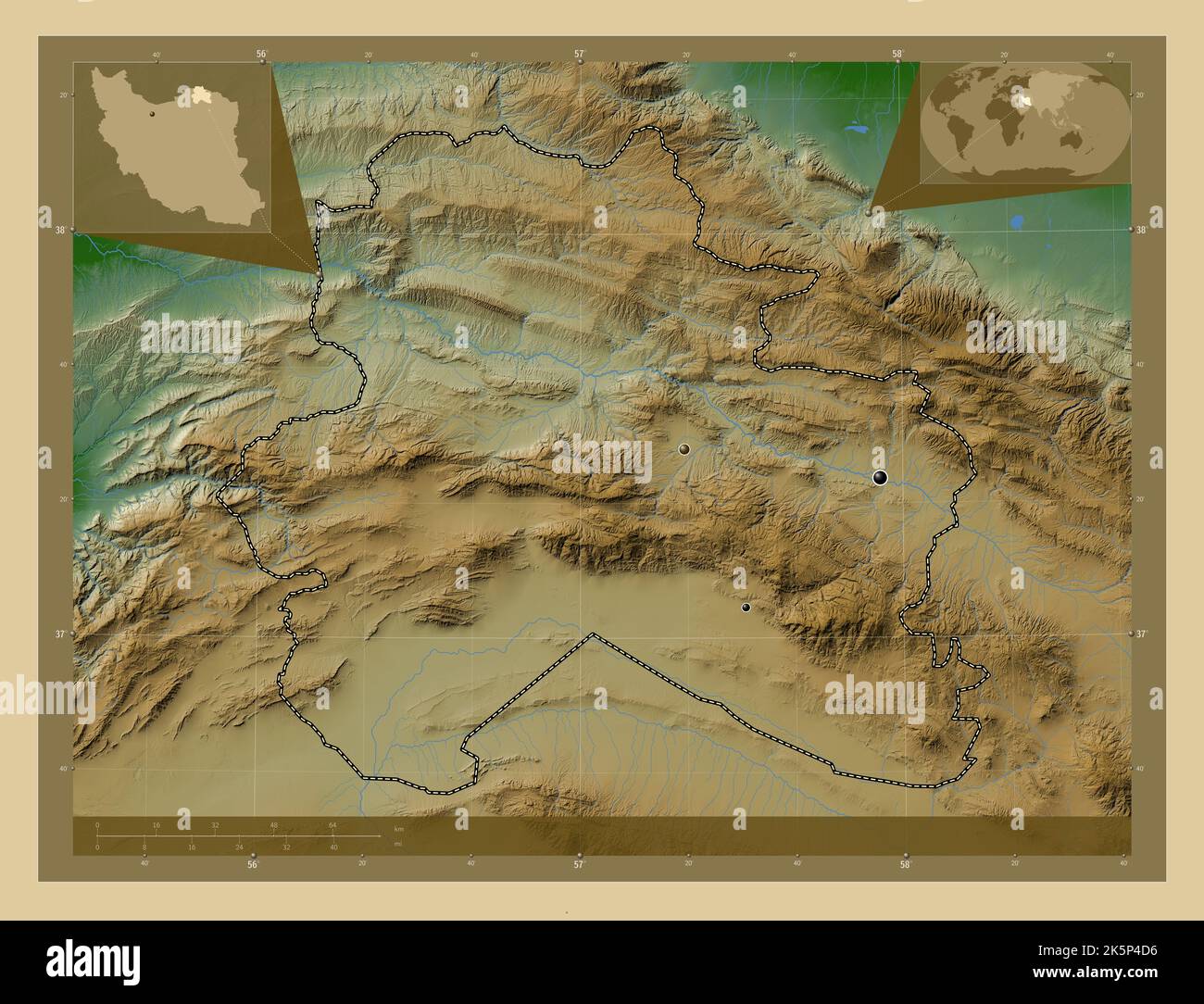 North Khorasan, province of Iran. Colored elevation map with lakes and ...