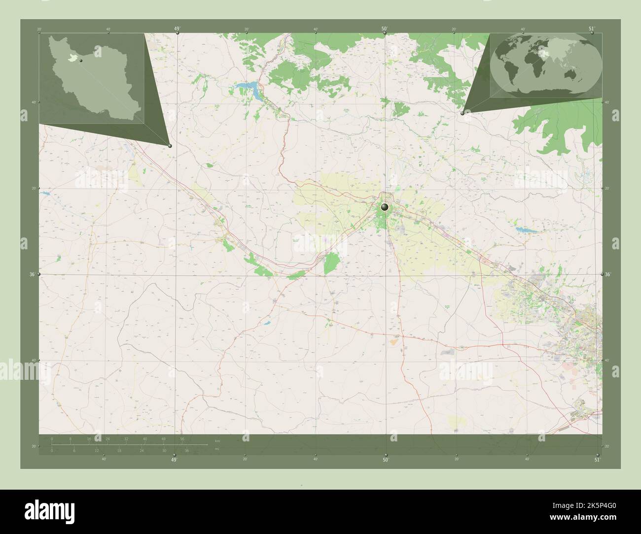 Qazvin, province of Iran. Open Street Map. Corner auxiliary location ...