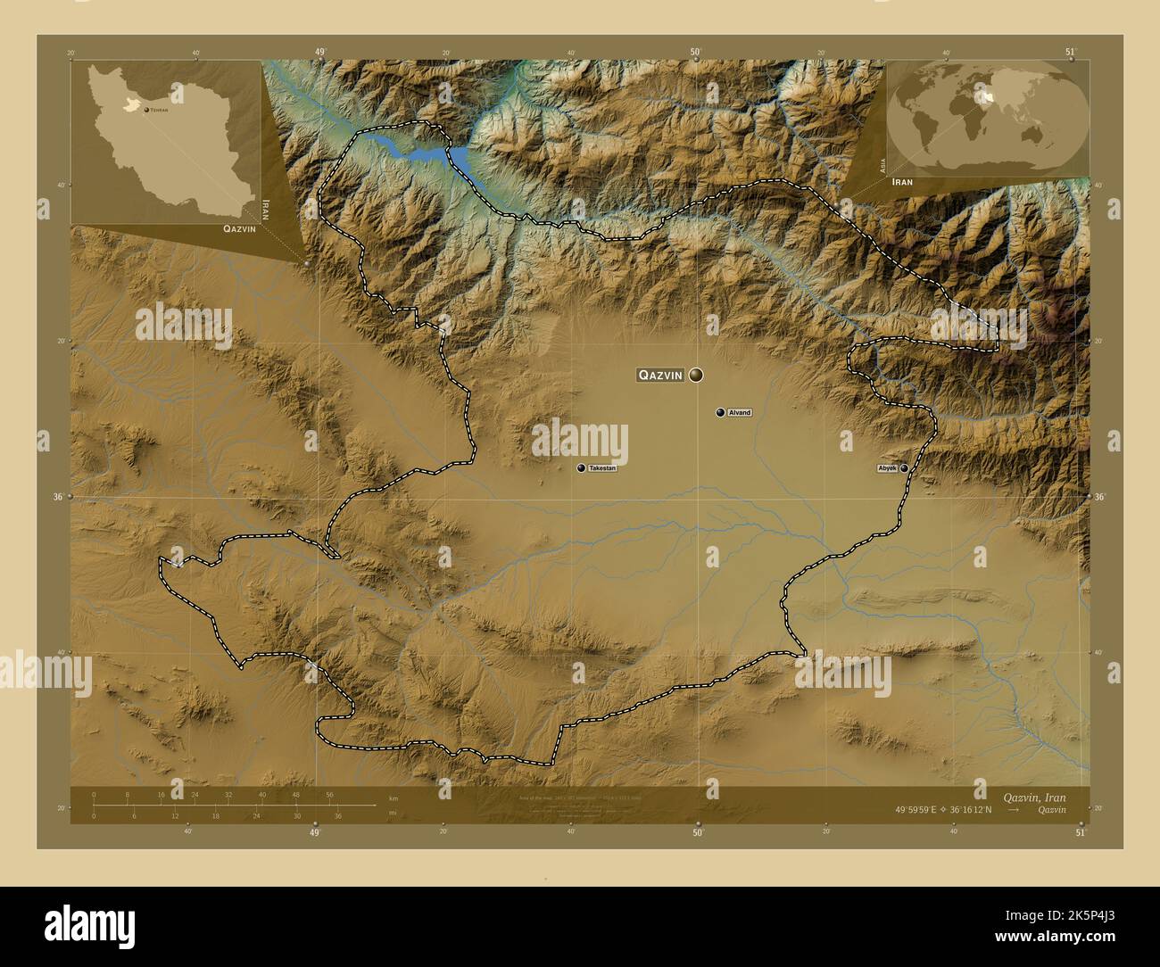 Qazvin, province of Iran. Colored elevation map with lakes and rivers ...