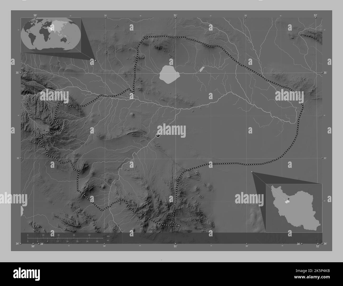 Qom, province of Iran. Grayscale elevation map with lakes and rivers ...