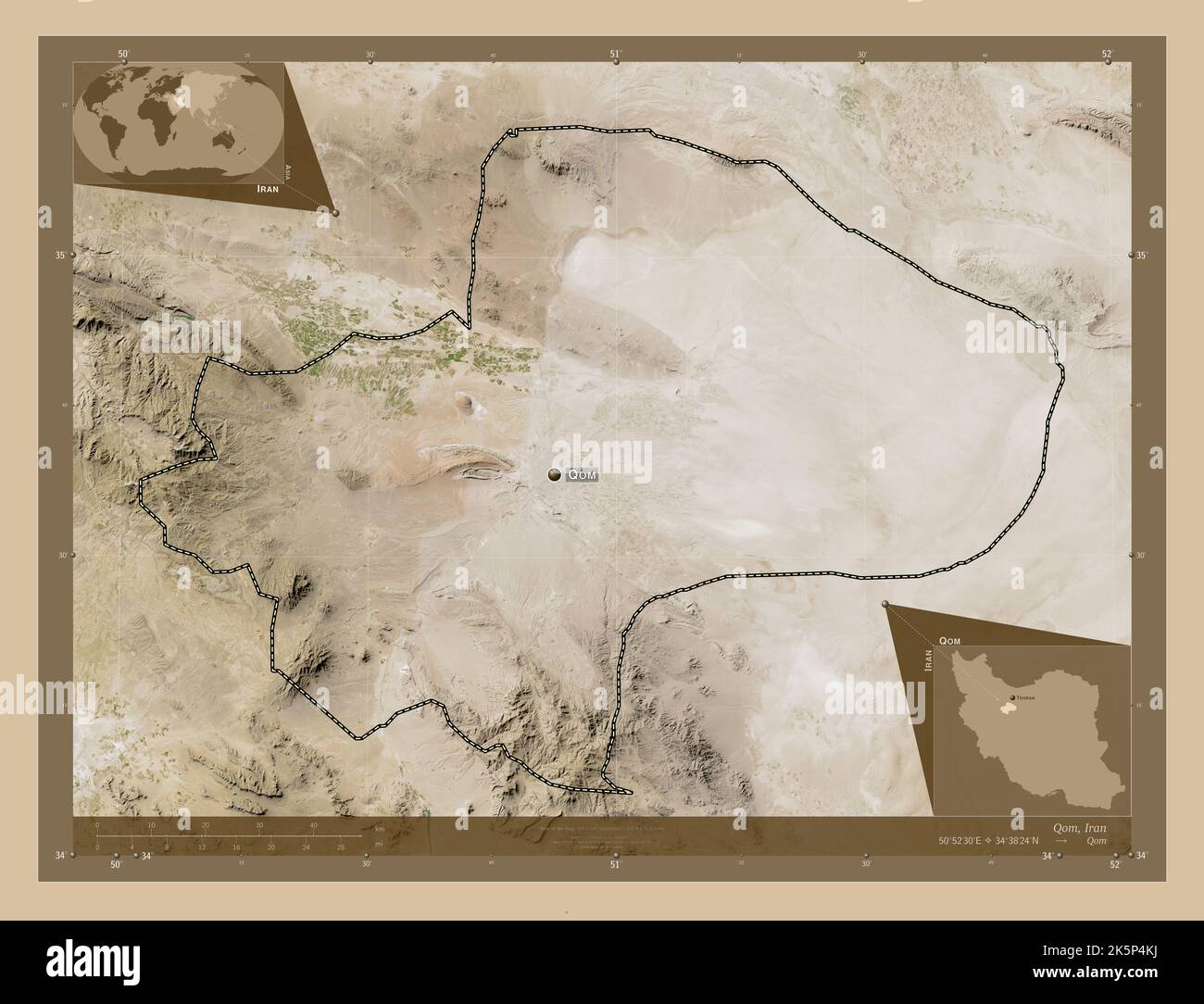 Qom, province of Iran. Low resolution satellite map. Locations and ...