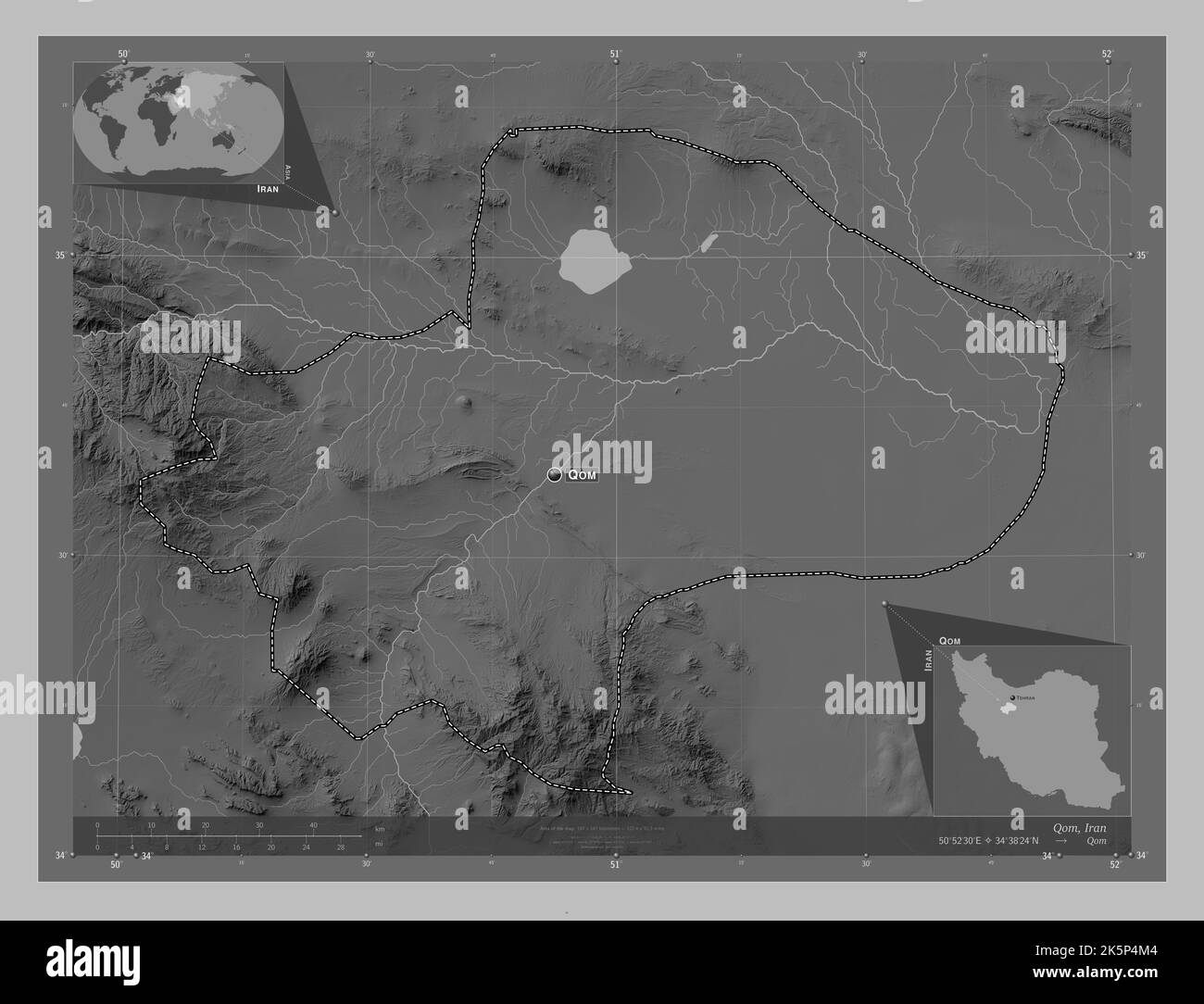 Qom, province of Iran. Grayscale elevation map with lakes and rivers ...