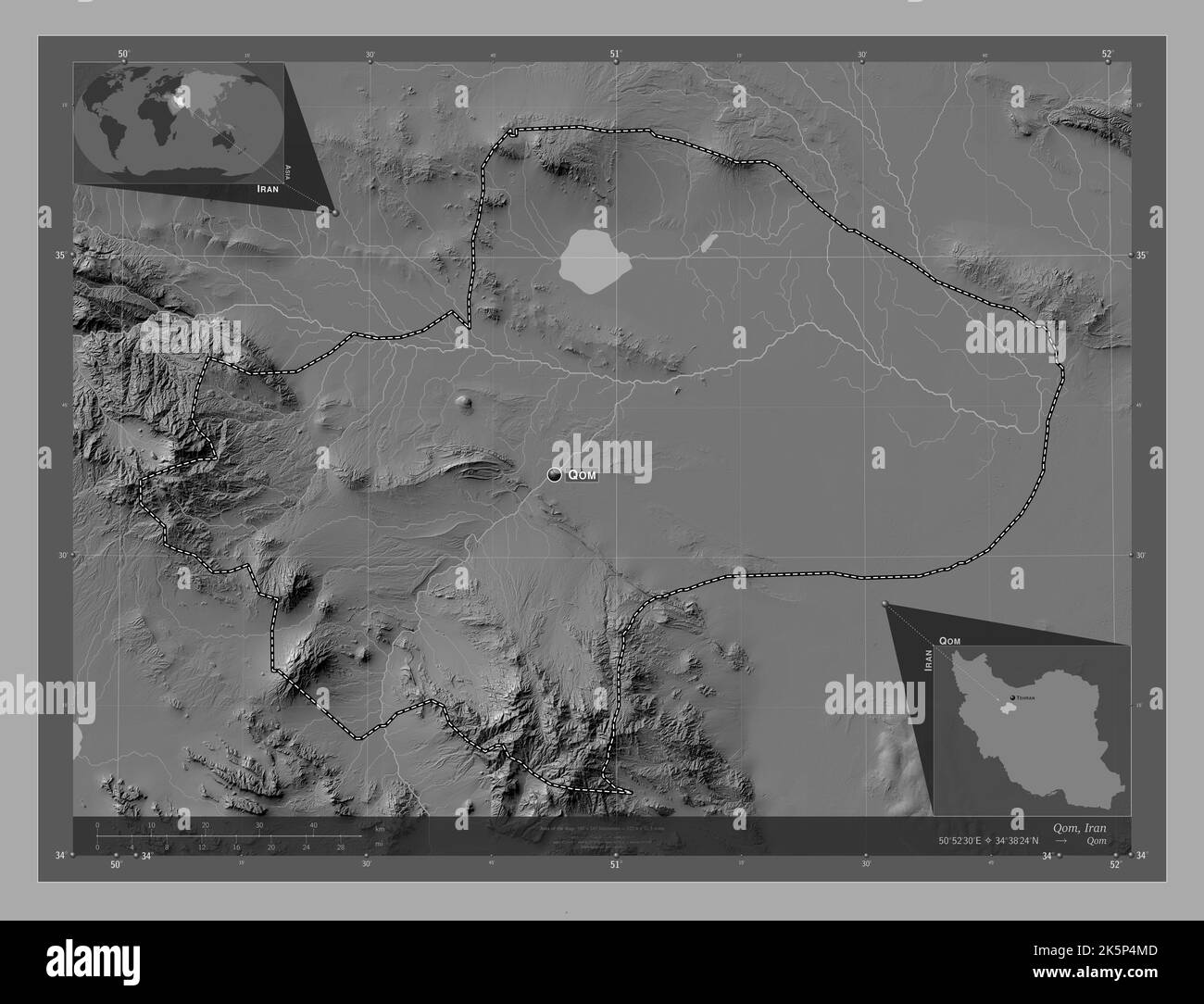 Qom, province of Iran. Bilevel elevation map with lakes and rivers ...
