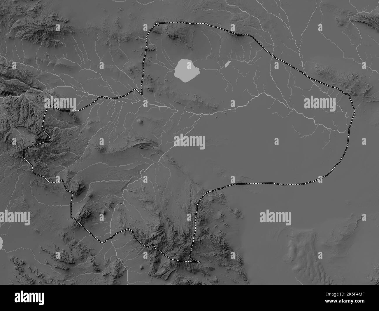 Qom, province of Iran. Grayscale elevation map with lakes and rivers ...