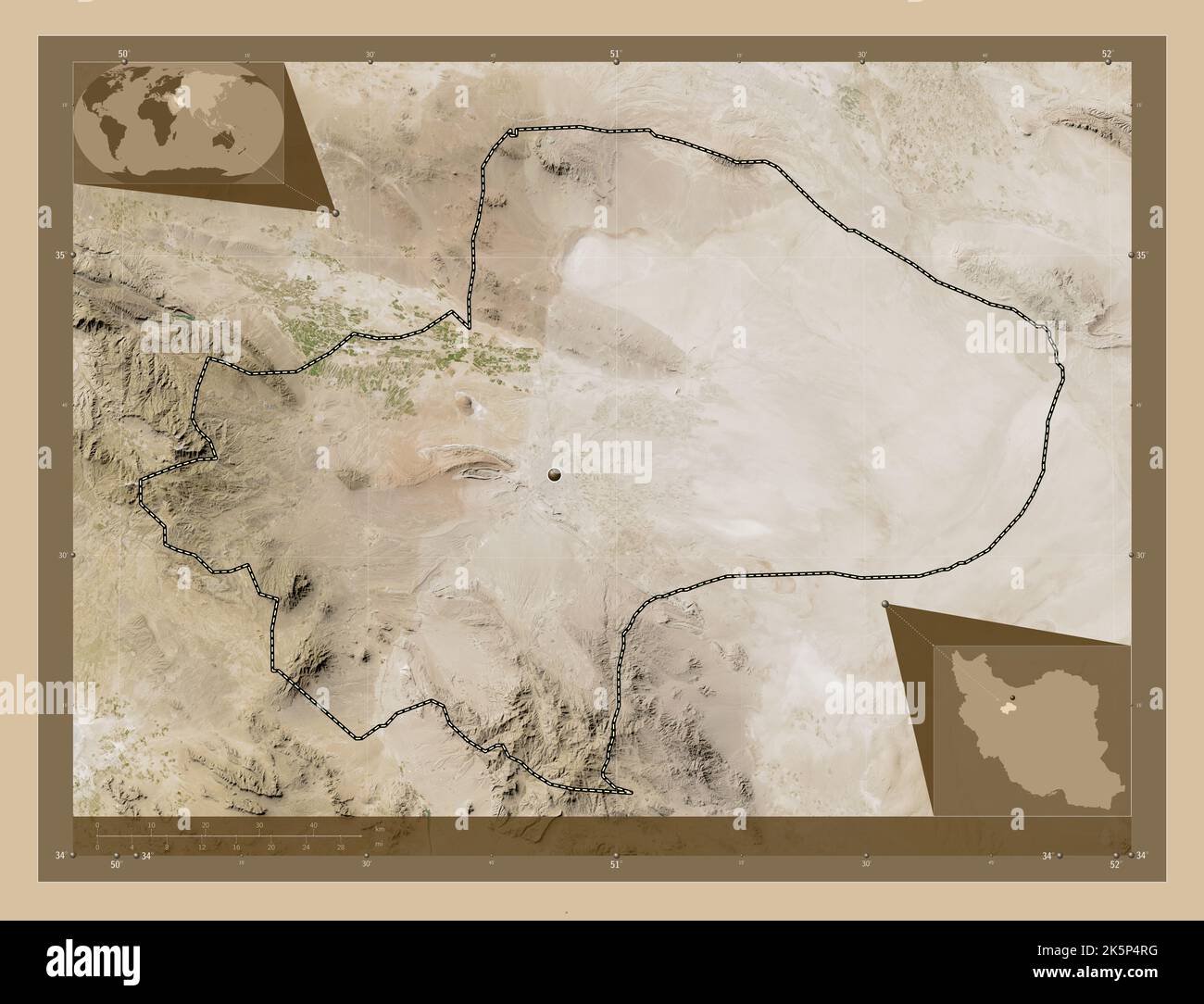 Qom, province of Iran. Low resolution satellite map. Corner auxiliary ...
