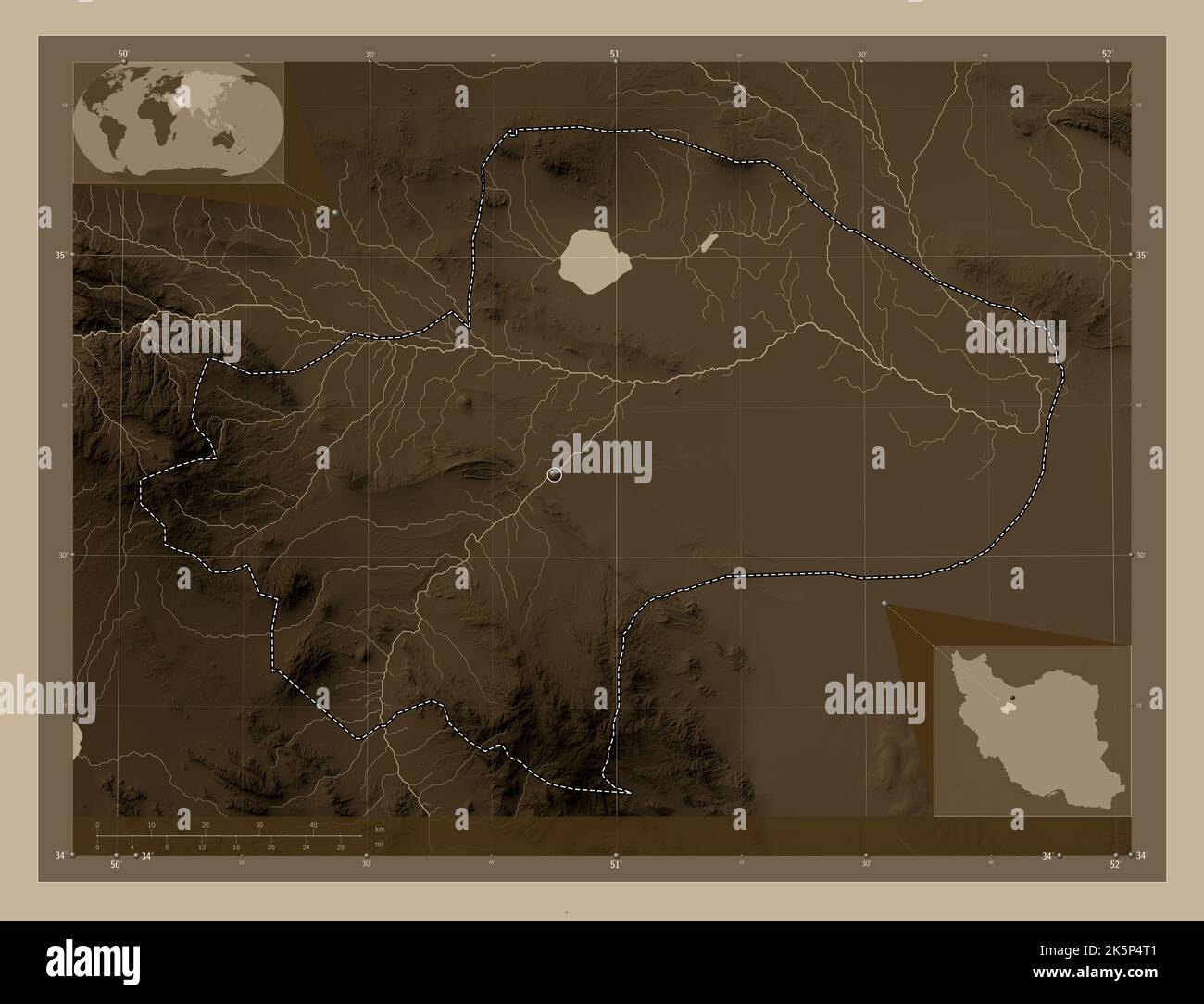 Qom, province of Iran. Elevation map colored in sepia tones with lakes ...