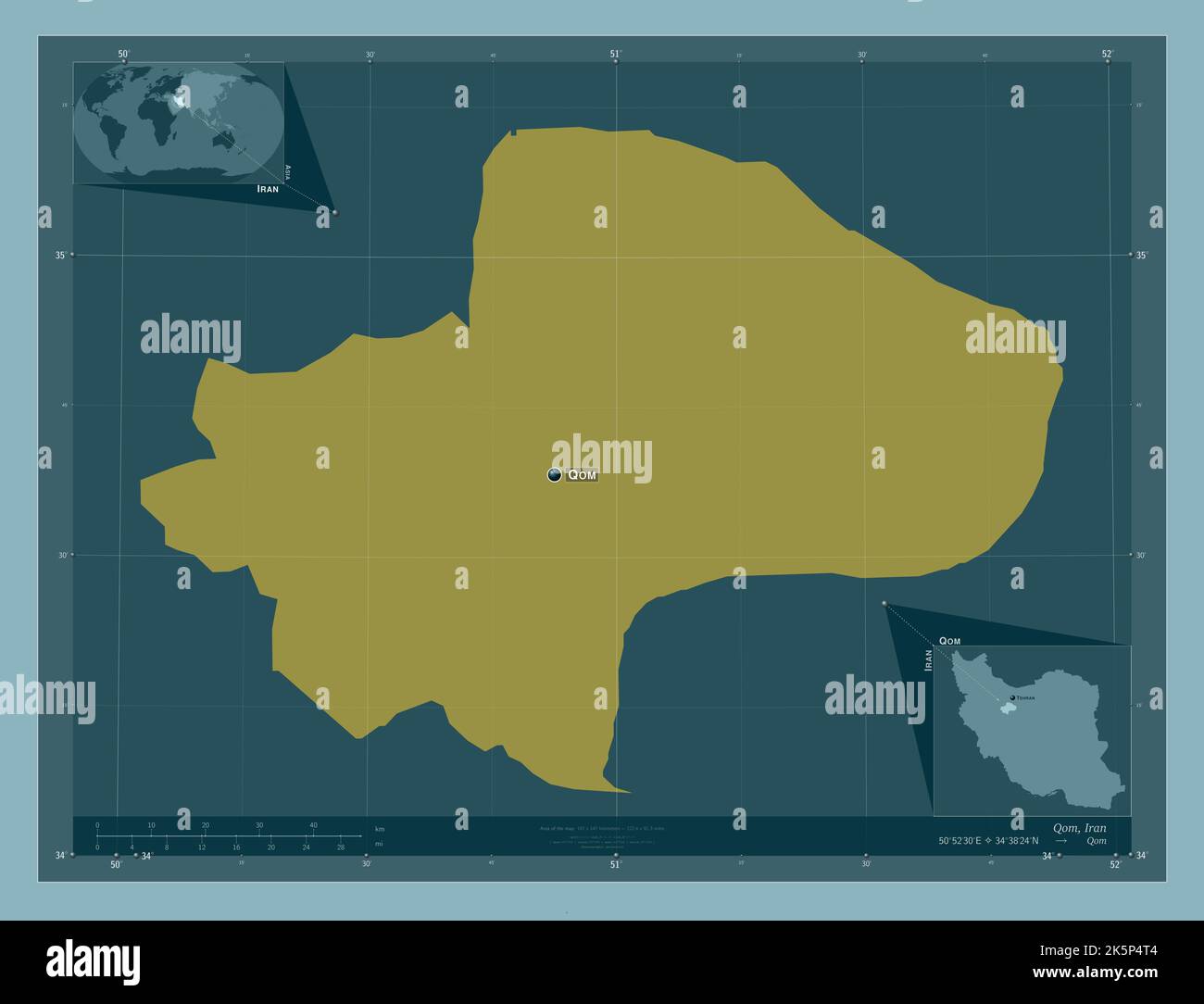 Qom, province of Iran. Solid color shape. Locations and names of major ...