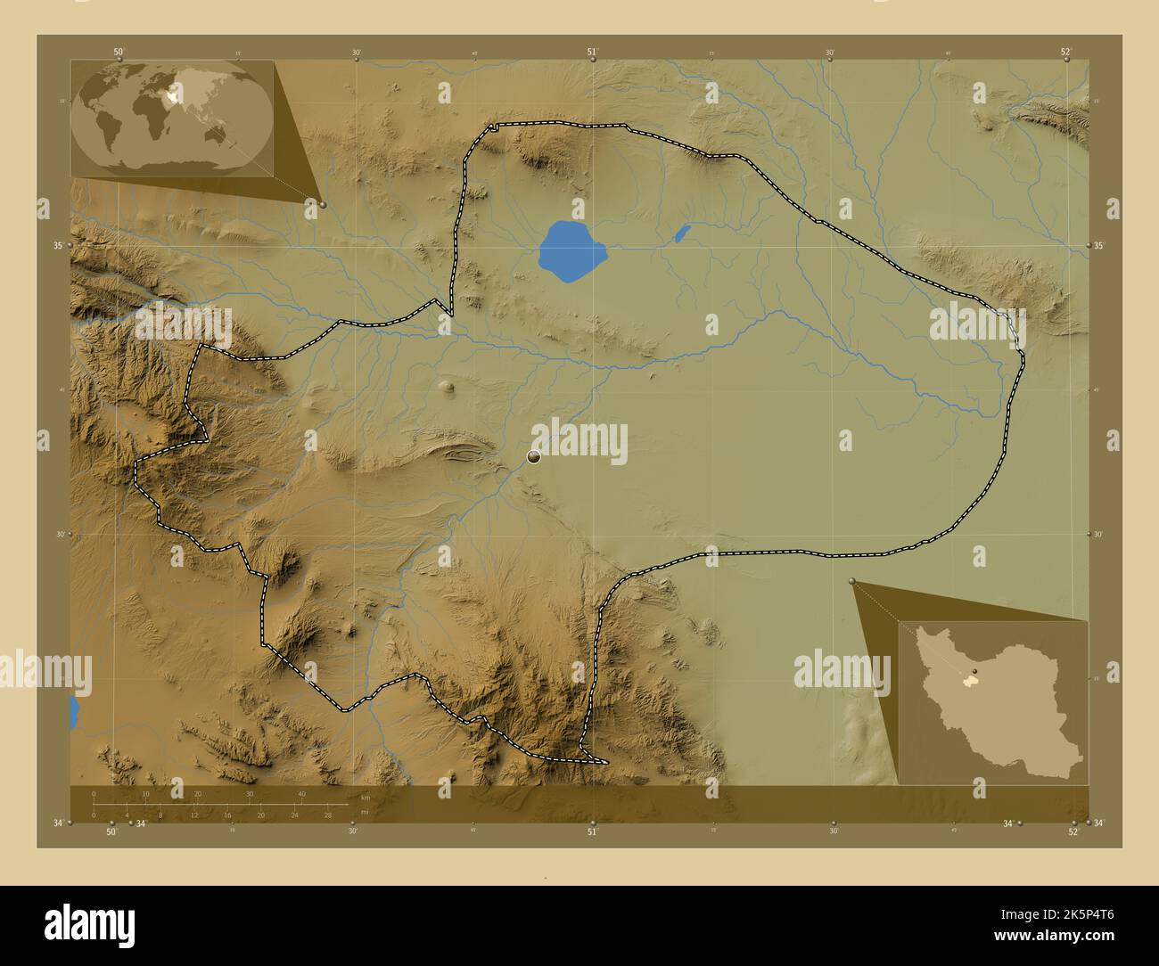 Qom, province of Iran. Colored elevation map with lakes and rivers ...