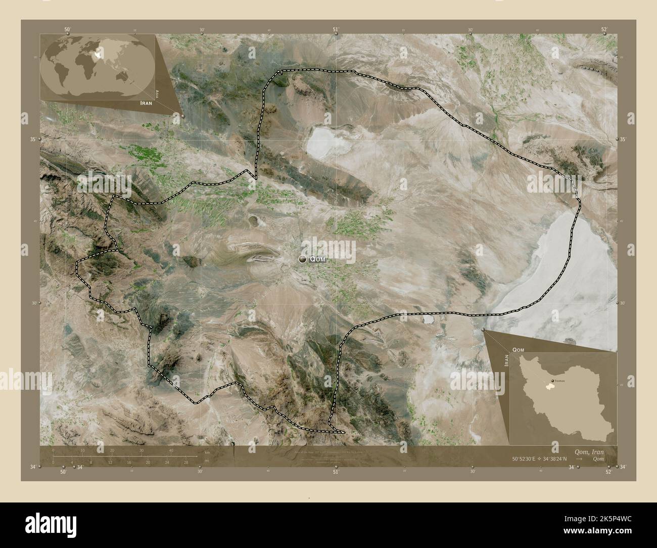 Qom, province of Iran. High resolution satellite map. Locations and ...