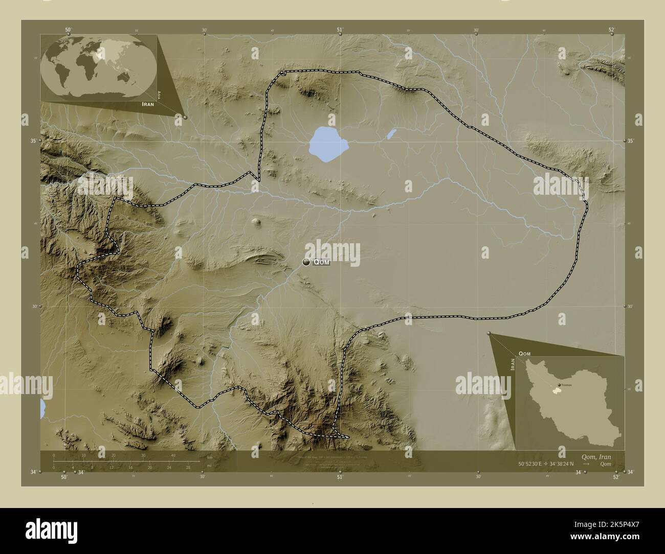 Qom, province of Iran. Elevation map colored in wiki style with lakes ...