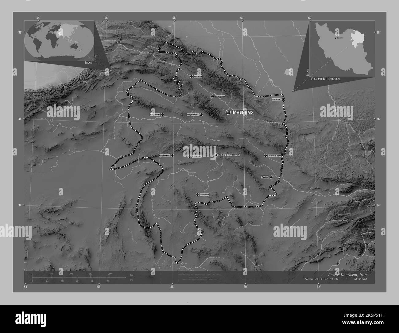 Razavi Khorasan, province of Iran. Grayscale elevation map with lakes ...