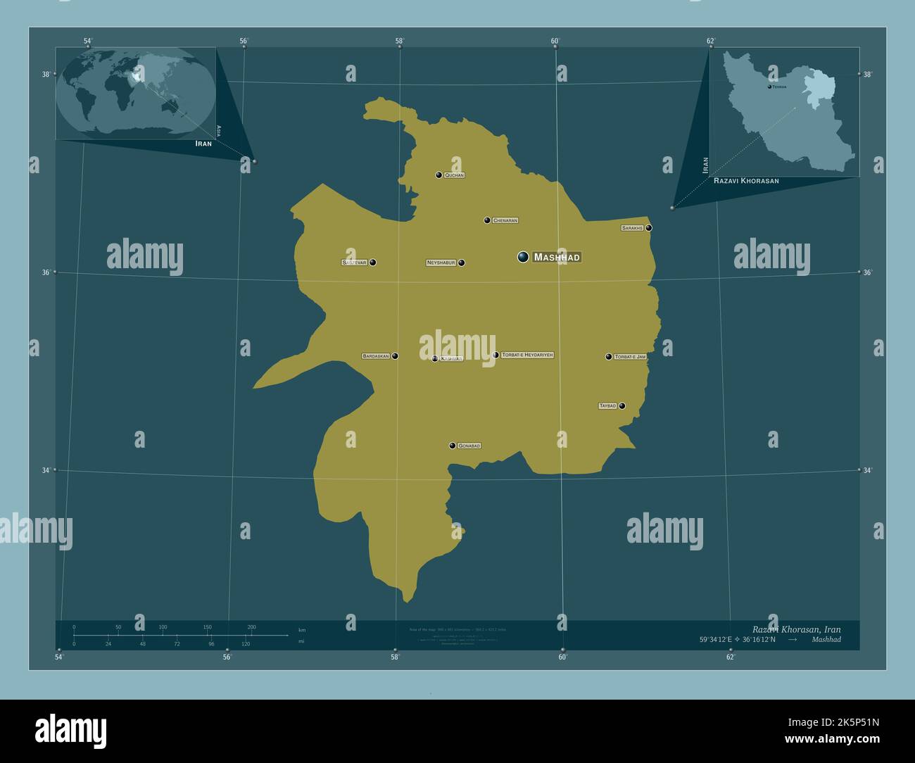 Razavi Khorasan, province of Iran. Solid color shape. Locations and ...