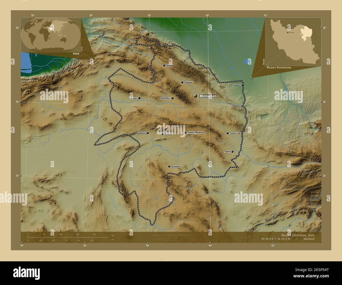 Razavi Khorasan, province of Iran. Colored elevation map with lakes and ...