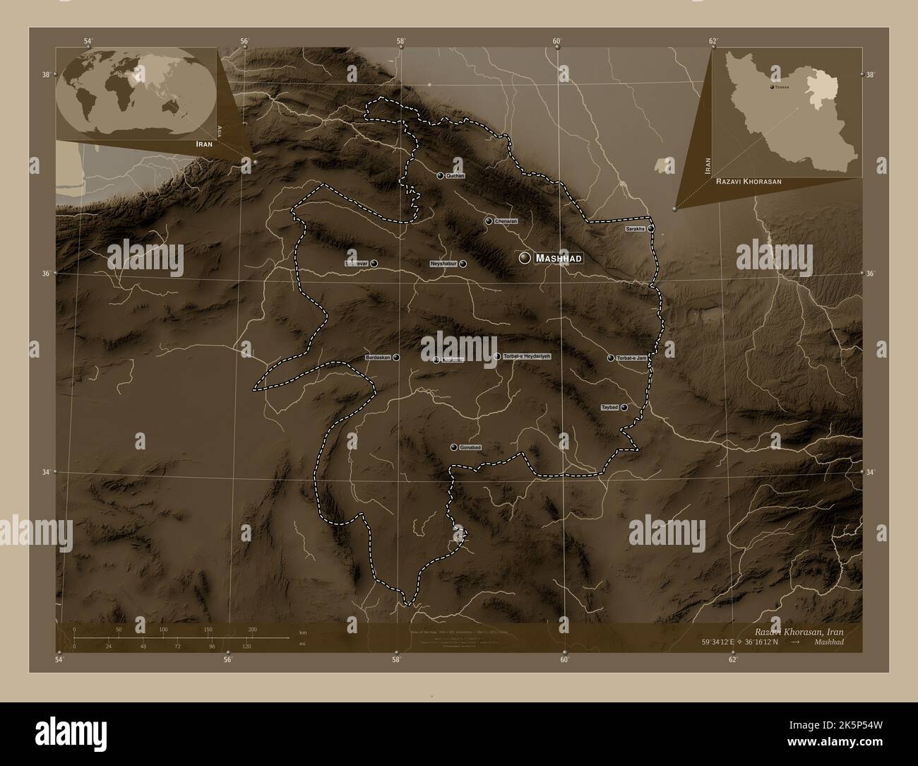 Razavi Khorasan, province of Iran. Elevation map colored in sepia tones ...