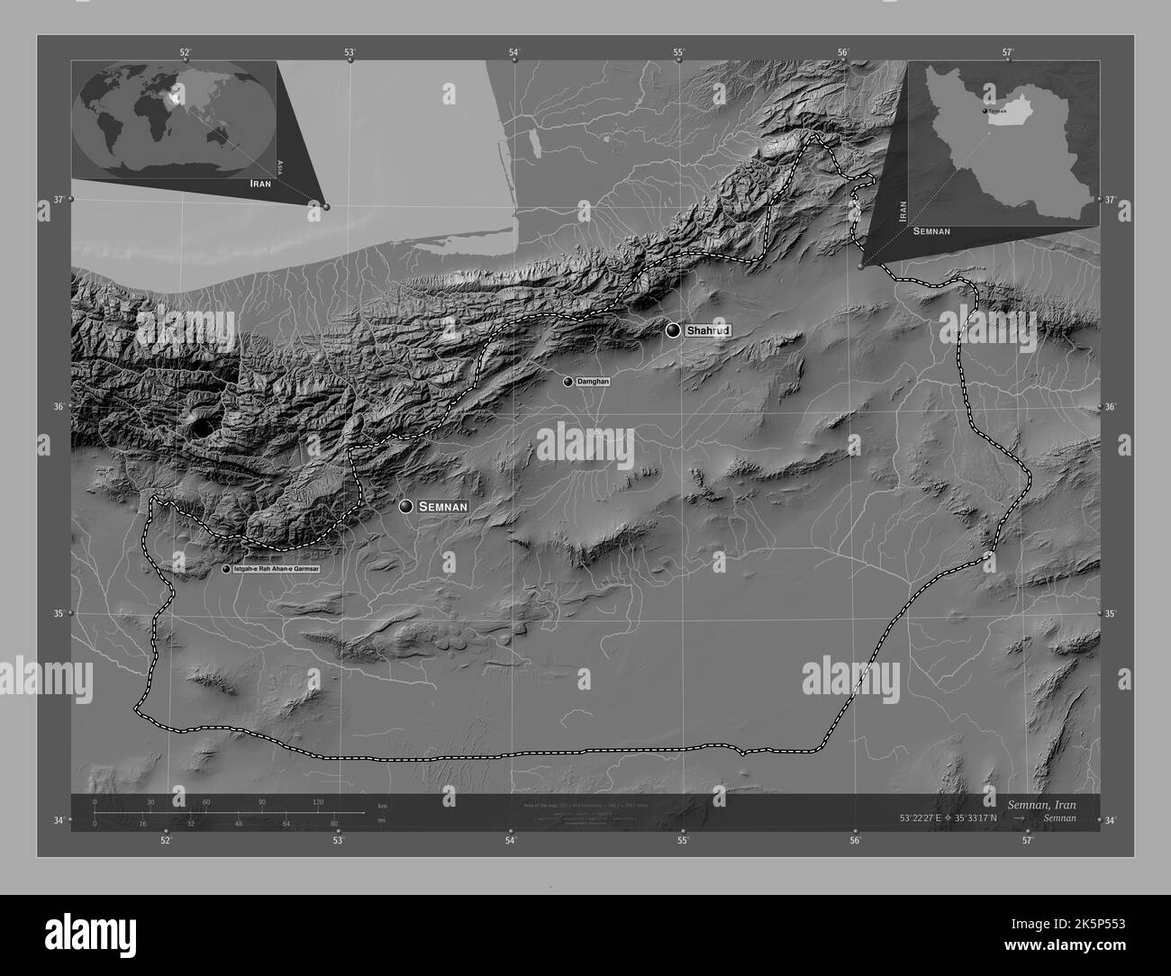 Semnan, province of Iran. Bilevel elevation map with lakes and rivers ...
