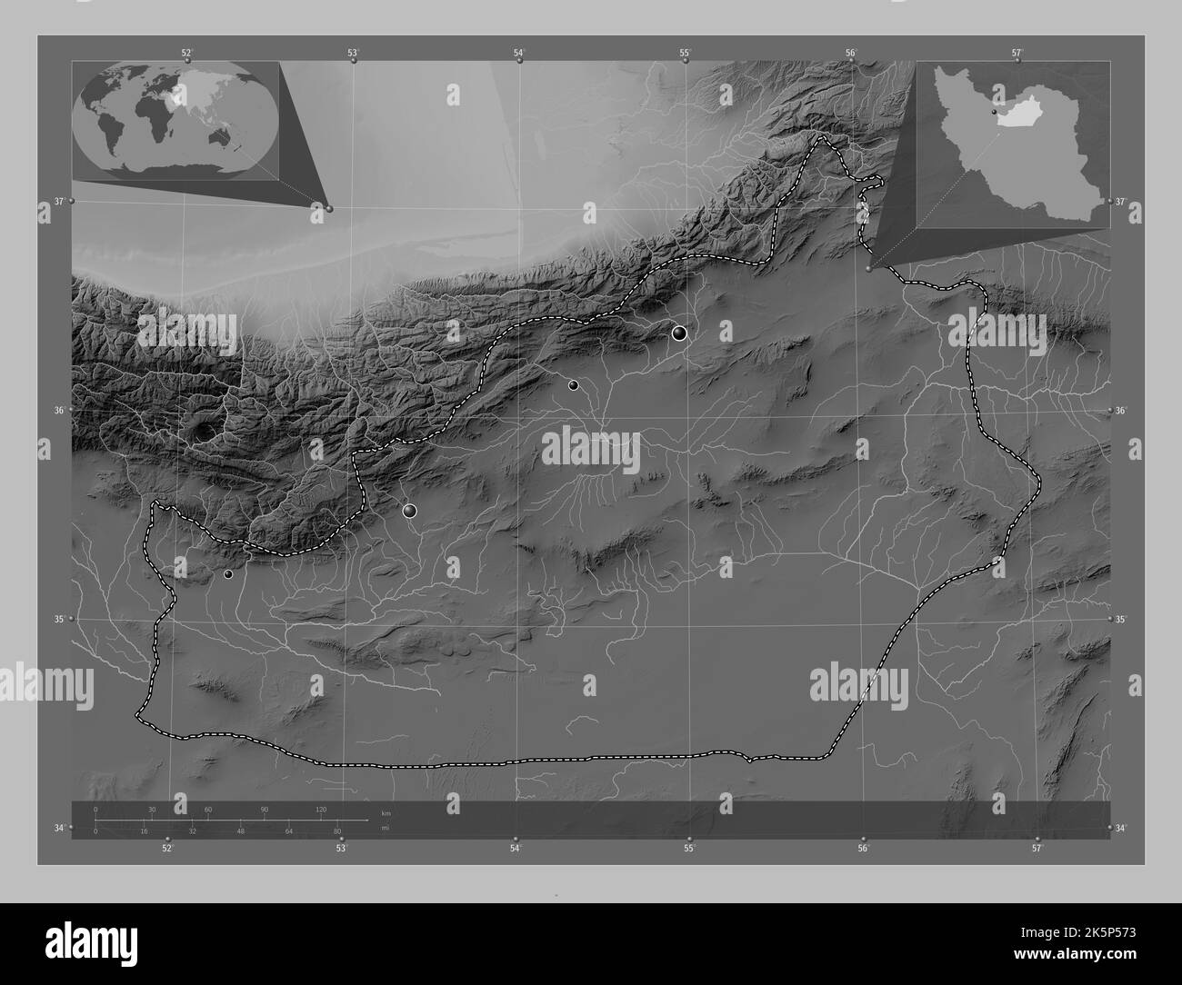 Semnan, province of Iran. Grayscale elevation map with lakes and rivers. Locations of major ...