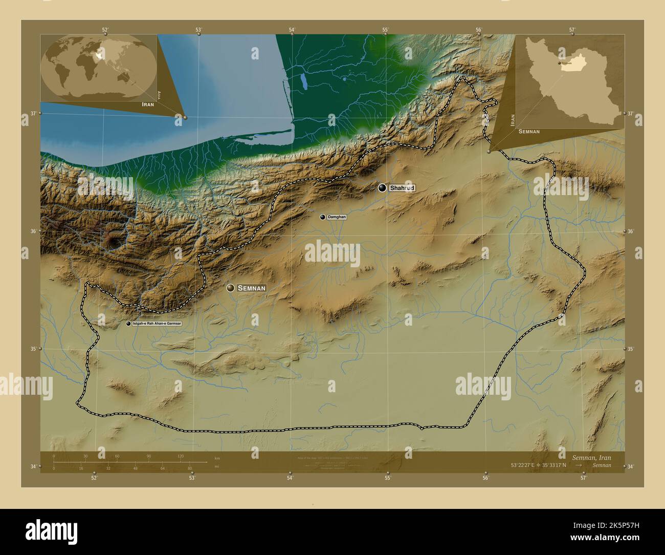 Semnan, province of Iran. Colored elevation map with lakes and rivers ...