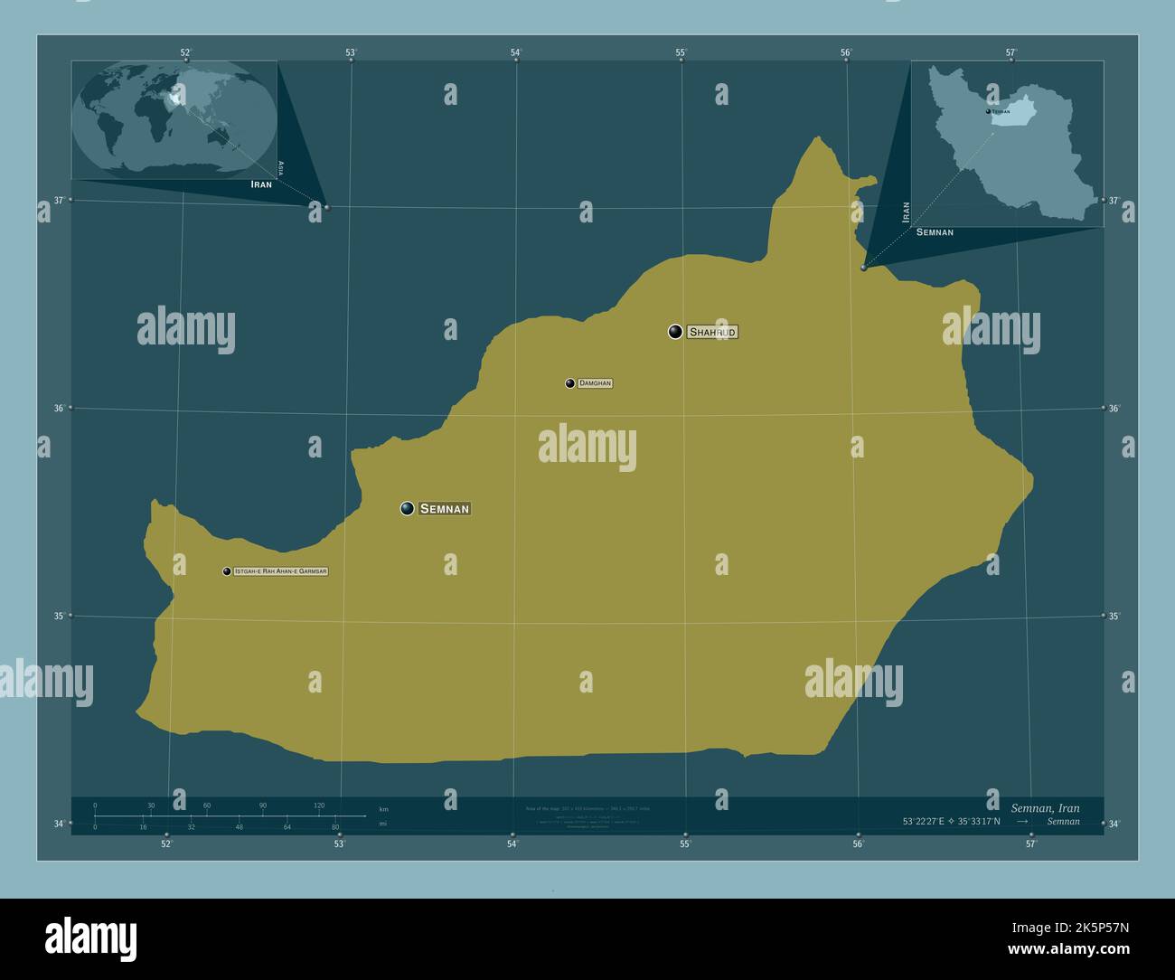 Semnan, province of Iran. Solid color shape. Locations and names of ...