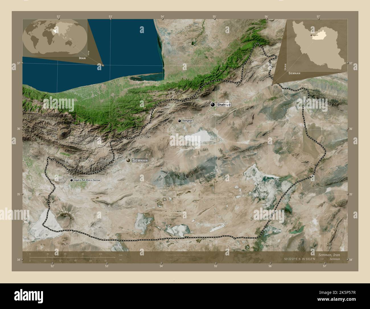 Semnan, province of Iran. High resolution satellite map. Locations and ...