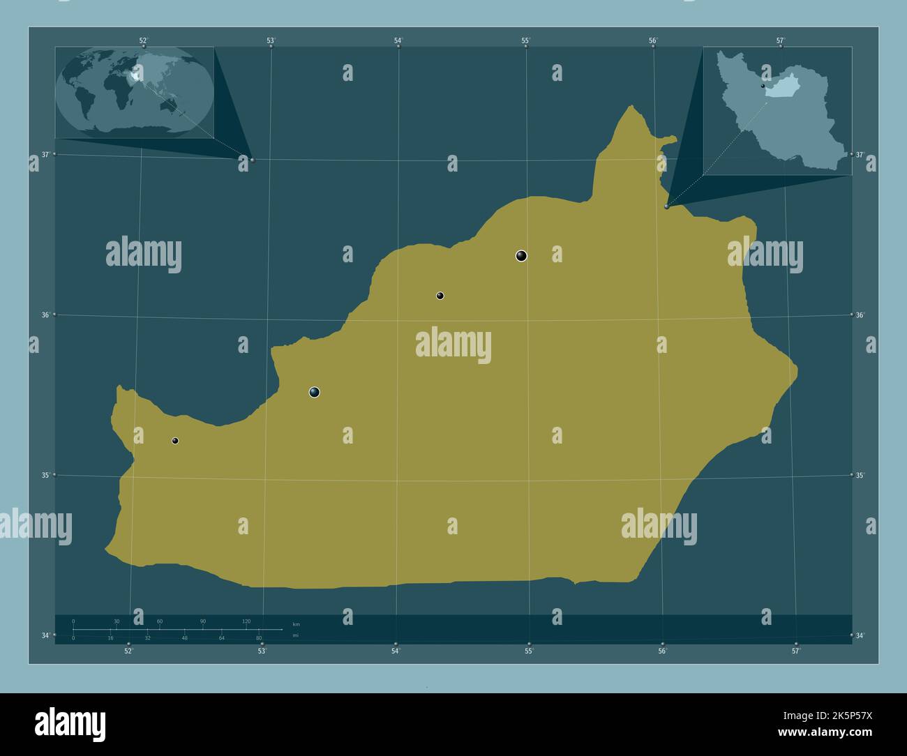Semnan, province of Iran. Solid color shape. Locations of major cities ...