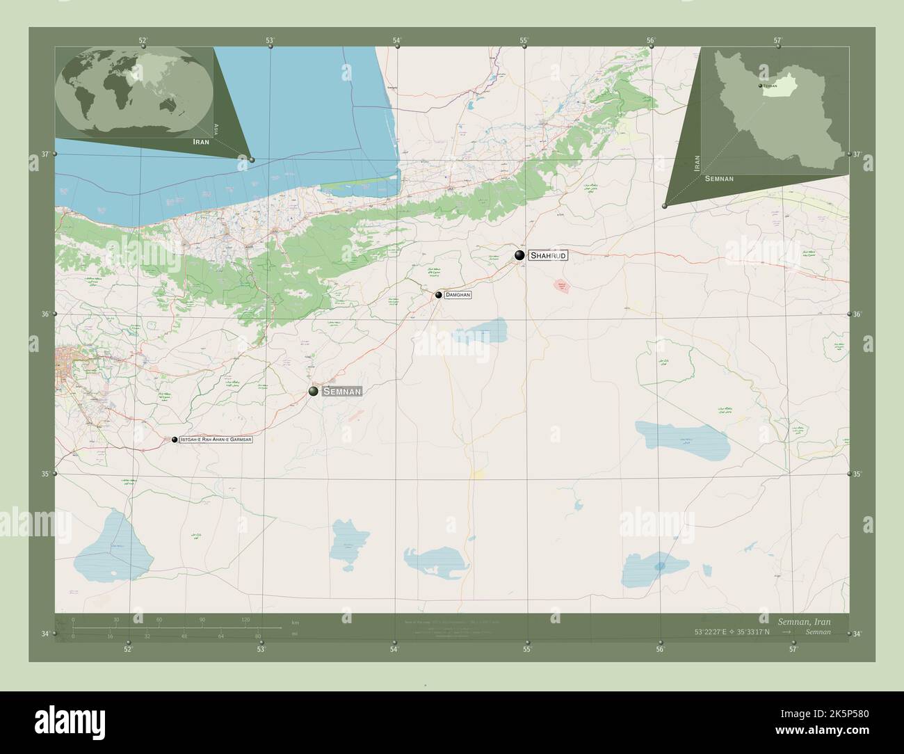 Semnan, province of Iran. Open Street Map. Locations and names of major ...