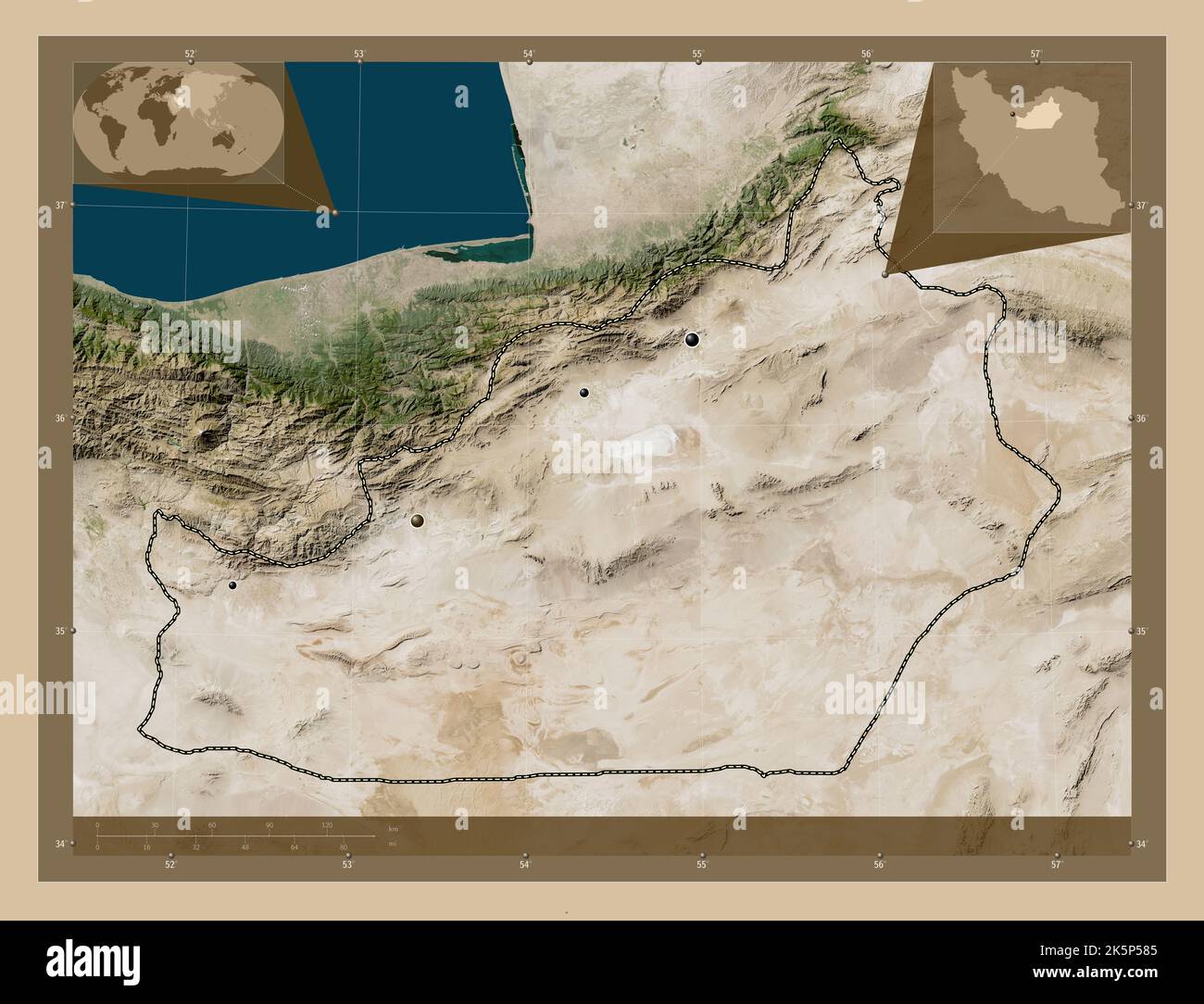 Semnan, province of Iran. Low resolution satellite map. Locations of ...