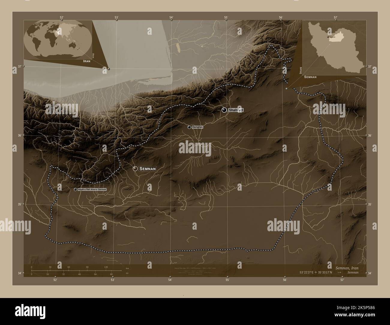 Semnan, province of Iran. Elevation map colored in sepia tones with ...
