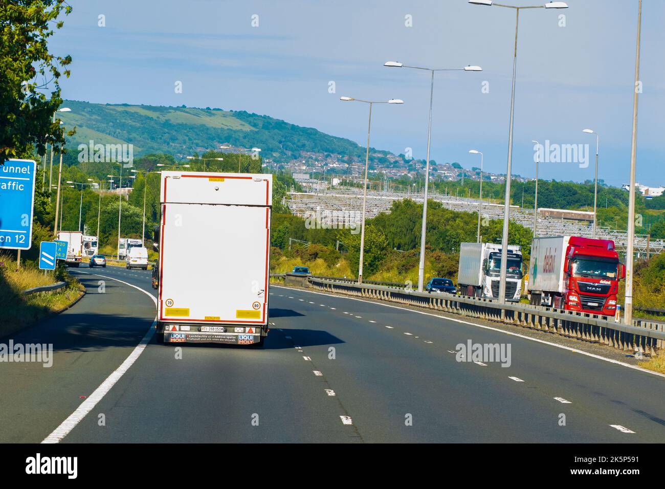 View of M20 near Folkestone.The M20 is a motorway in Kent, England. It ...
