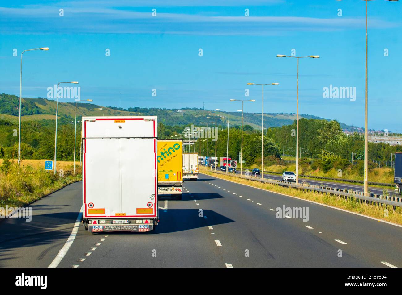 View of M20 near Folkestone.The M20 is a motorway in Kent, England. It ...