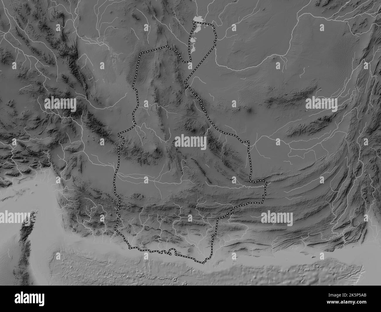 Sistan and Baluchestan, province of Iran. Grayscale elevation map with ...