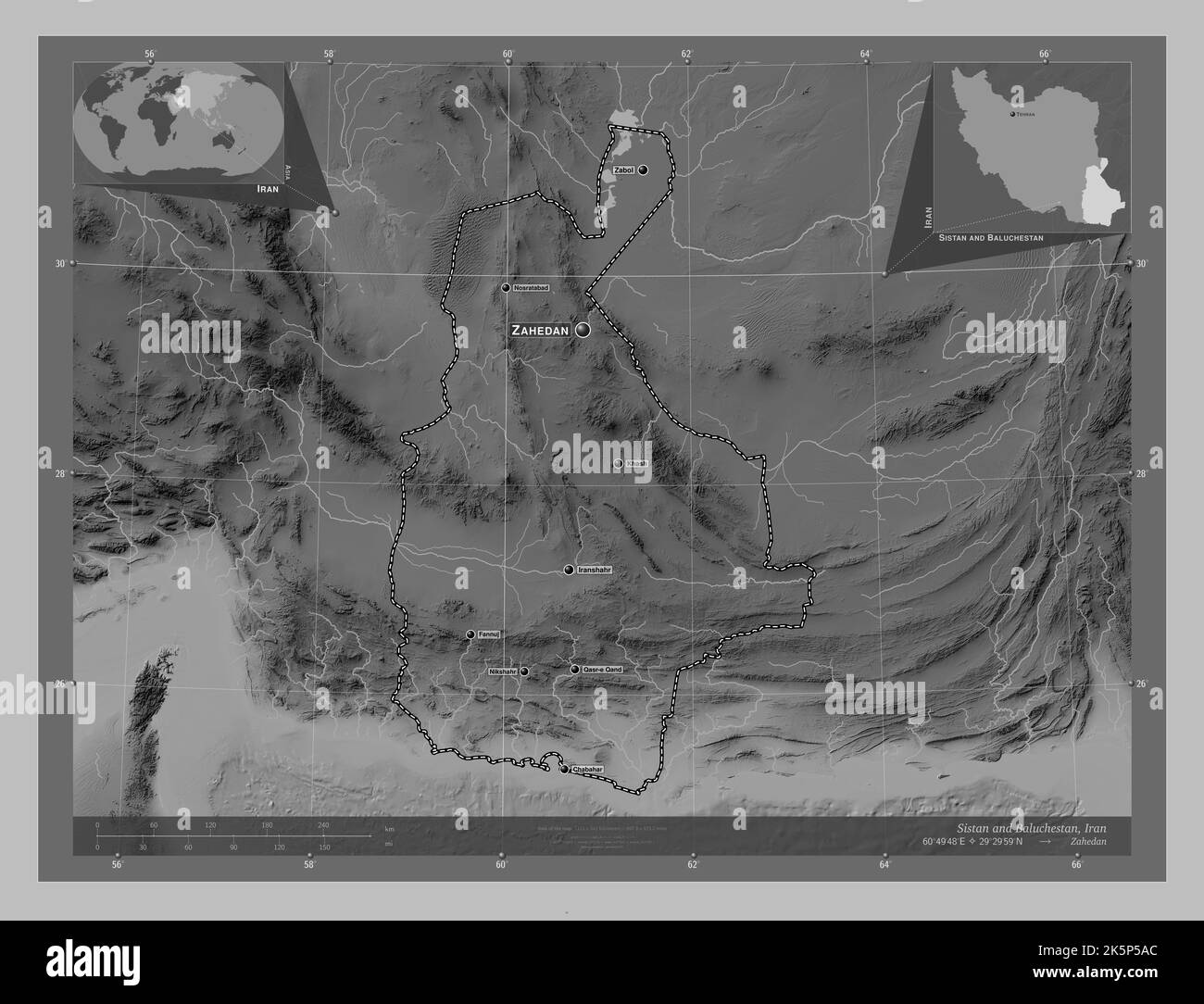 Sistan and Baluchestan, province of Iran. Grayscale elevation map with ...
