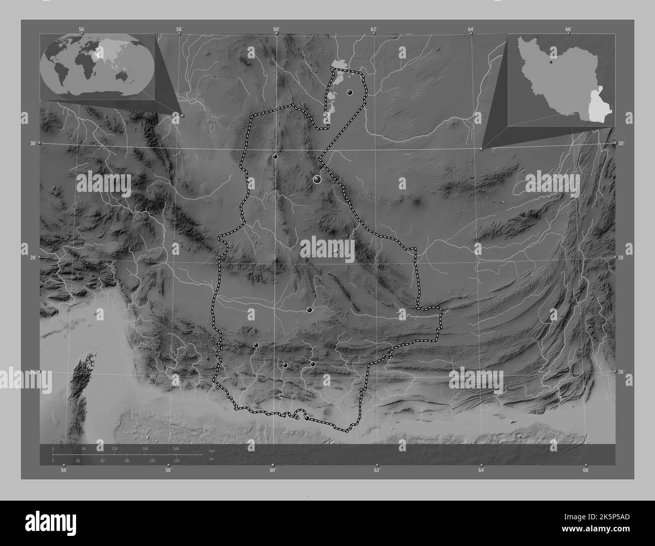 Sistan and Baluchestan, province of Iran. Grayscale elevation map with ...