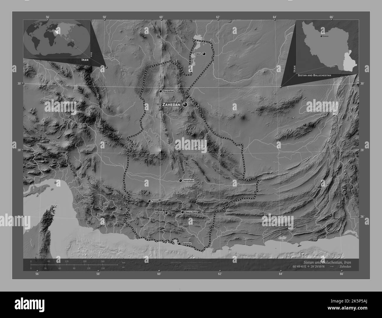 Sistan and Baluchestan, province of Iran. Bilevel elevation map with ...