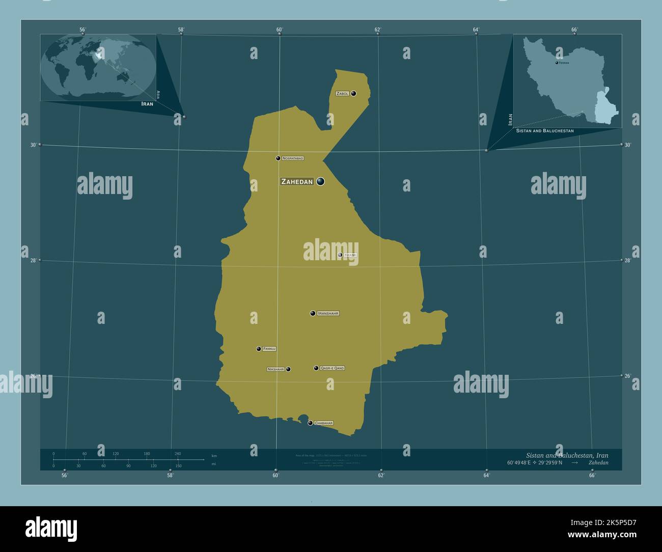 Sistan and Baluchestan, province of Iran. Solid color shape. Locations ...