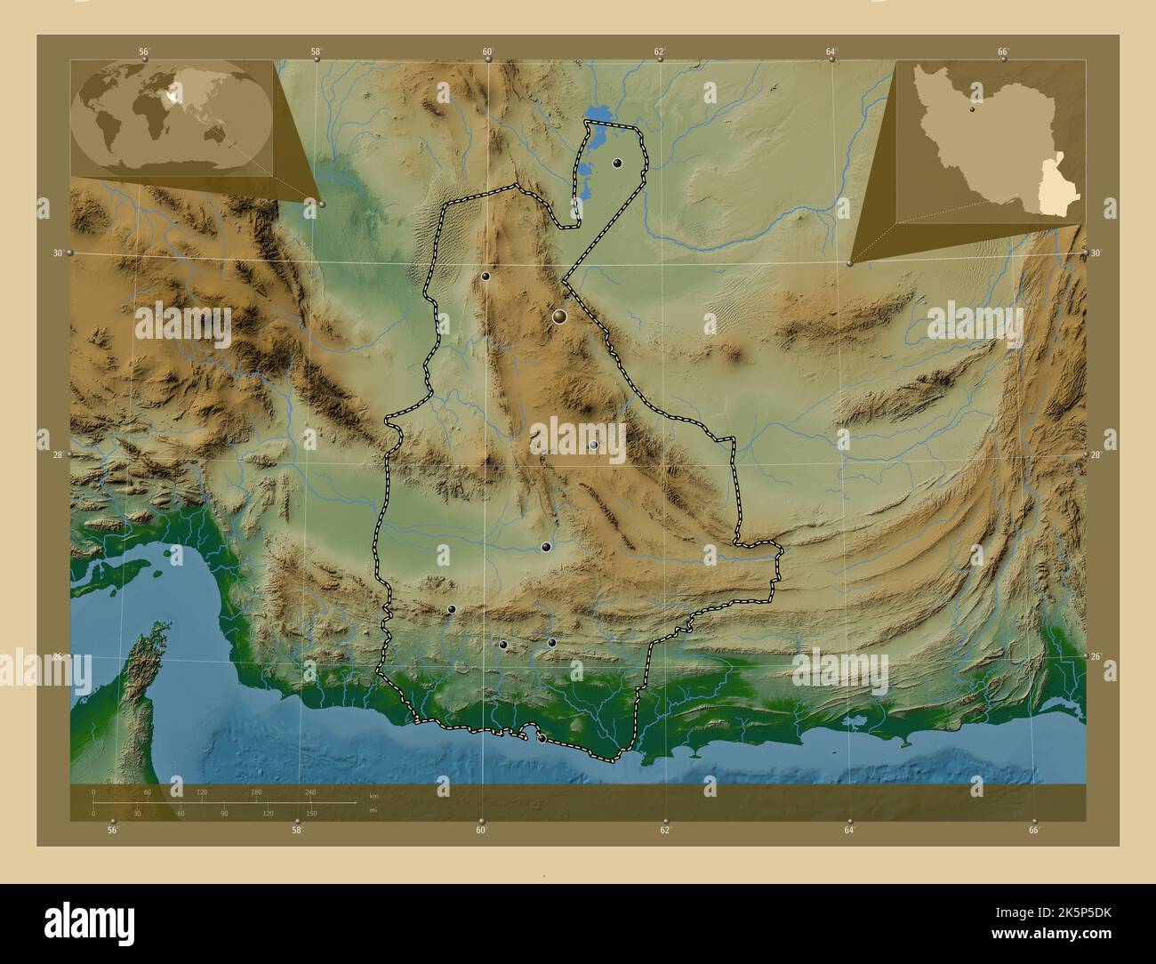Sistan and Baluchestan, province of Iran. Colored elevation map with ...