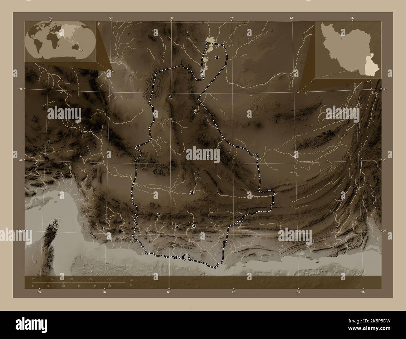 Sistan and Baluchestan, province of Iran. Elevation map colored in ...