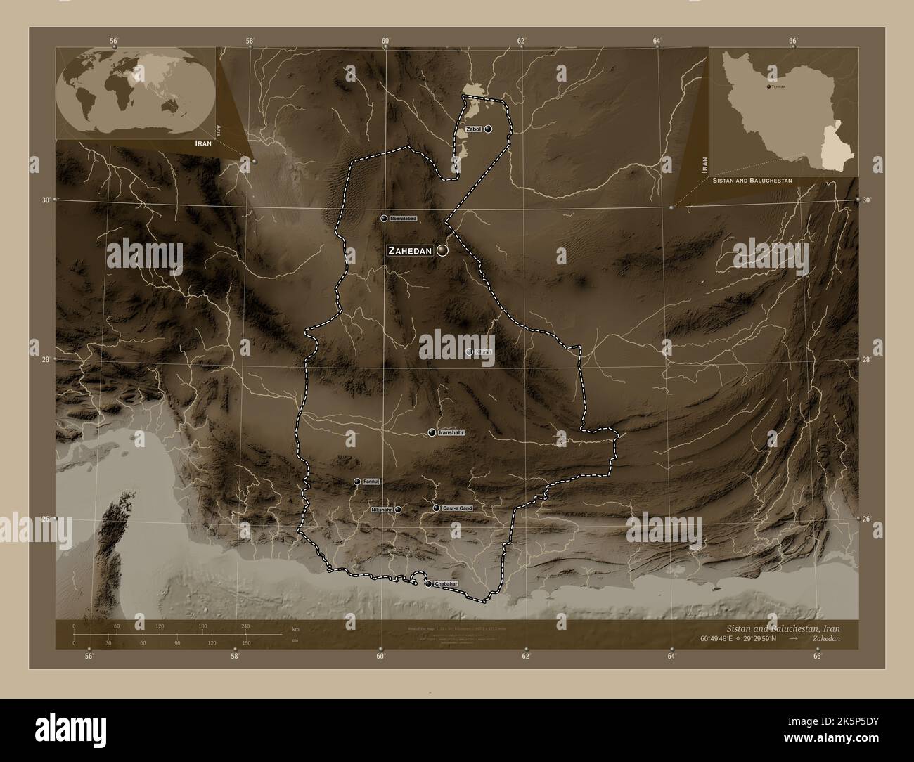 Sistan and Baluchestan, province of Iran. Elevation map colored in ...
